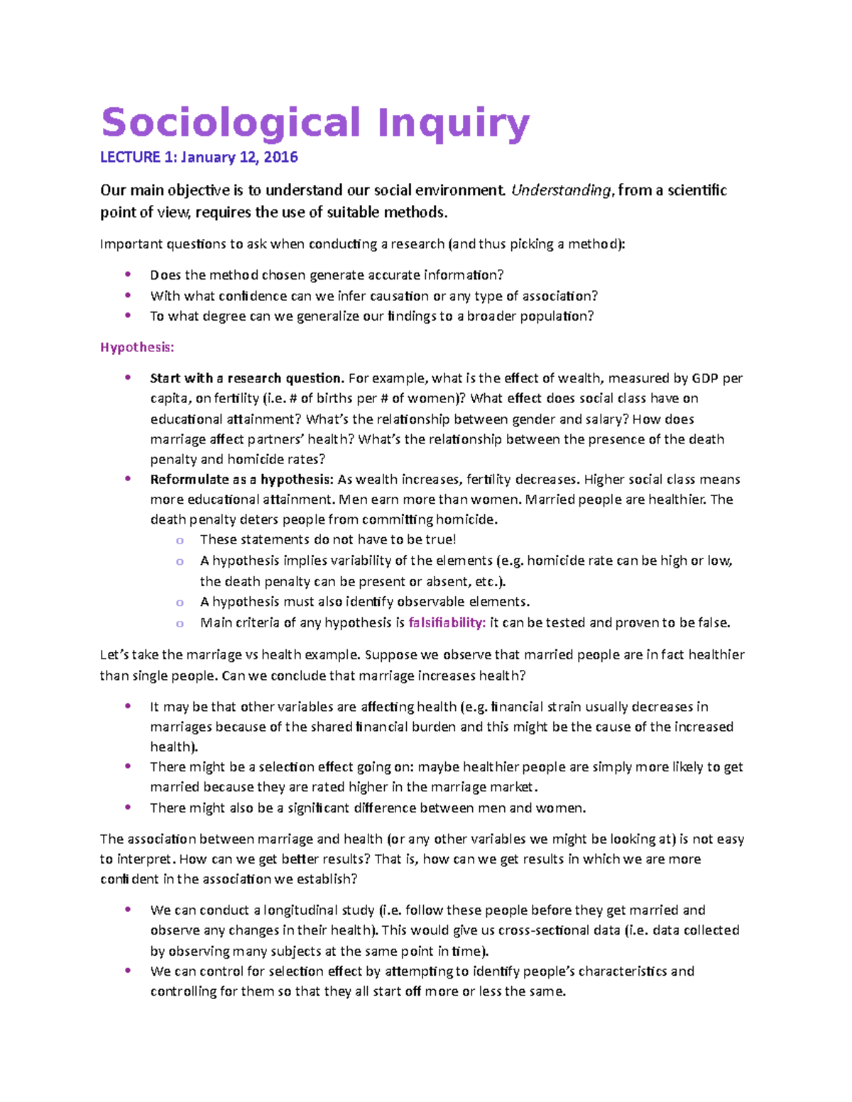 SOCI211 notes - Sociological Inquiry LECTURE 1: January 12, 2016 Our ...
