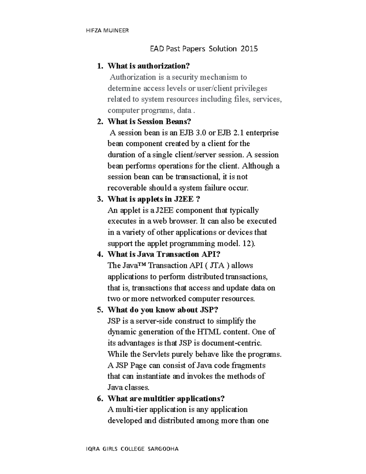 EAD Past Papers Solution 2015 - What is authorization? Authorization is ...