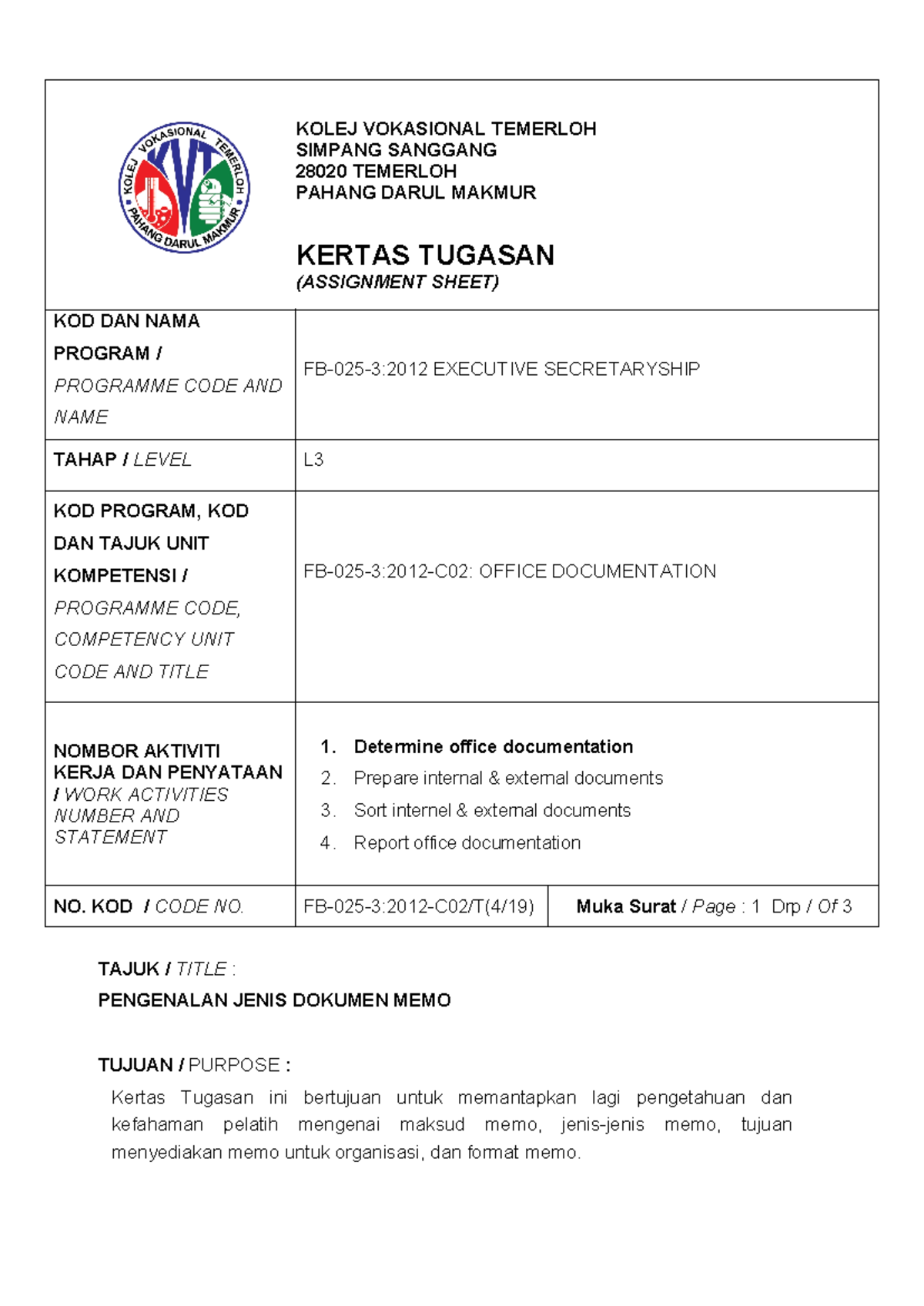 Kertas Tugasan Simulasi - TAJUK / TITLE : PENGENALAN JENIS DOKUMEN MEMO ...
