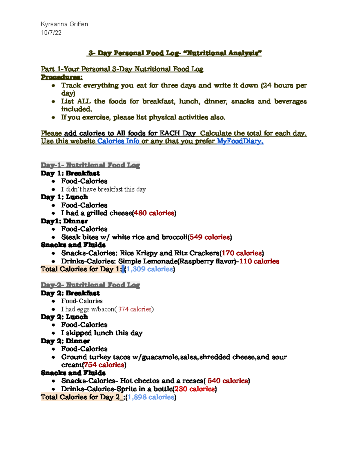 3- Day Personal Food Log- “Nutritional Analysis” - Kyreanna Griffen 10 ...