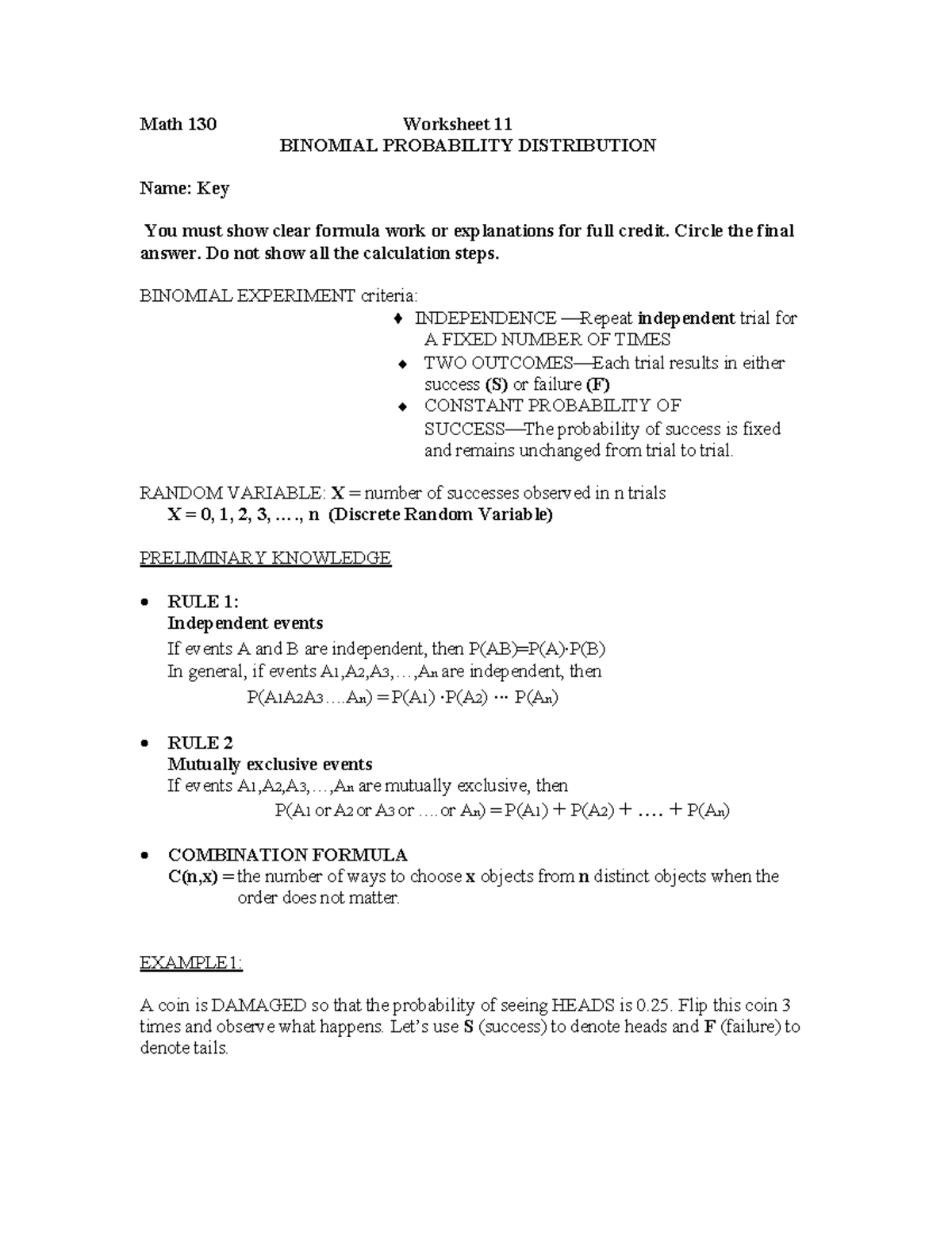 Worksheet 11 Binomial Distribution Solutions Math 130 Worksheet 11