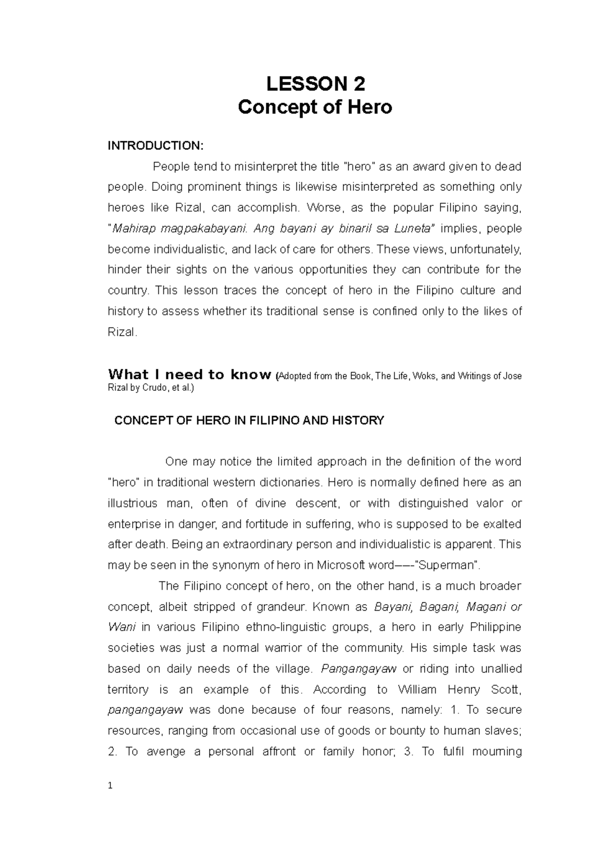 Rizal Module 1 - LESSON 2 Concept of Hero INTRODUCTION: People tend to ...