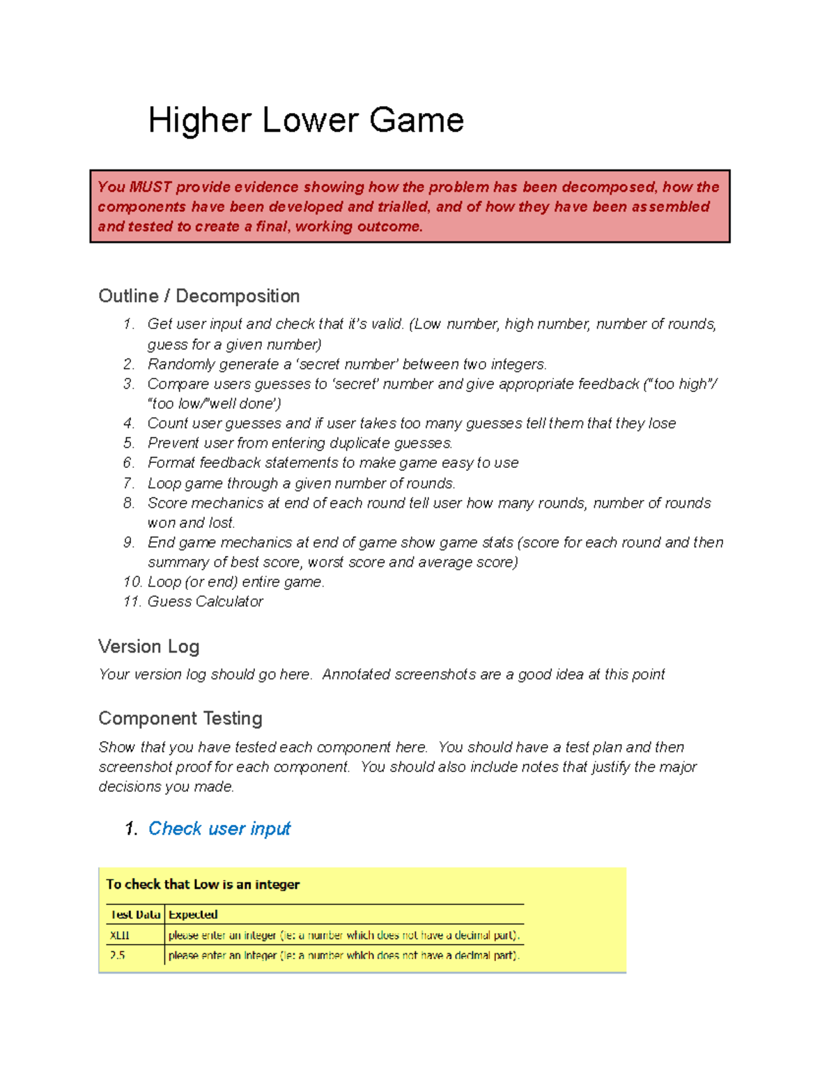 00 L1 Documentation Template 02 practise material 2019 - Higher Lower Game You MUST provide ...