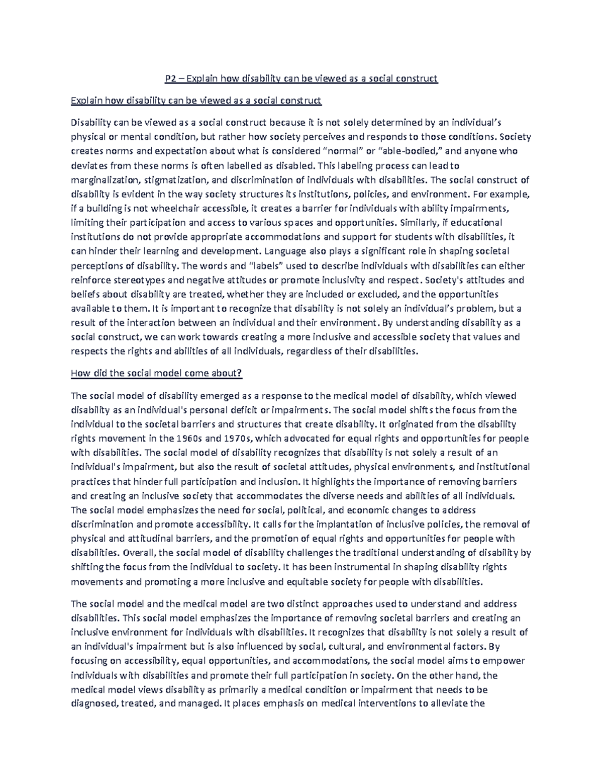 P2 - health and socail care - P2 – Explain how disability can be viewed ...