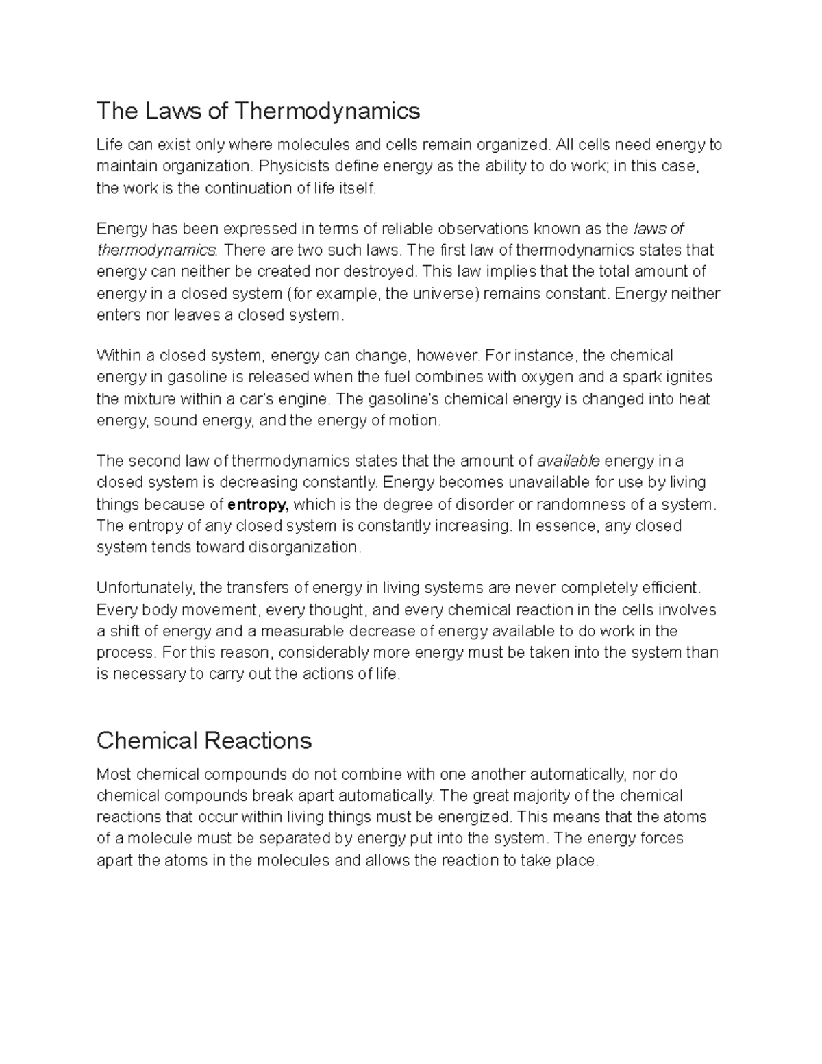Energy and Cells - The Laws of Thermodynamics Life can exist only where ...