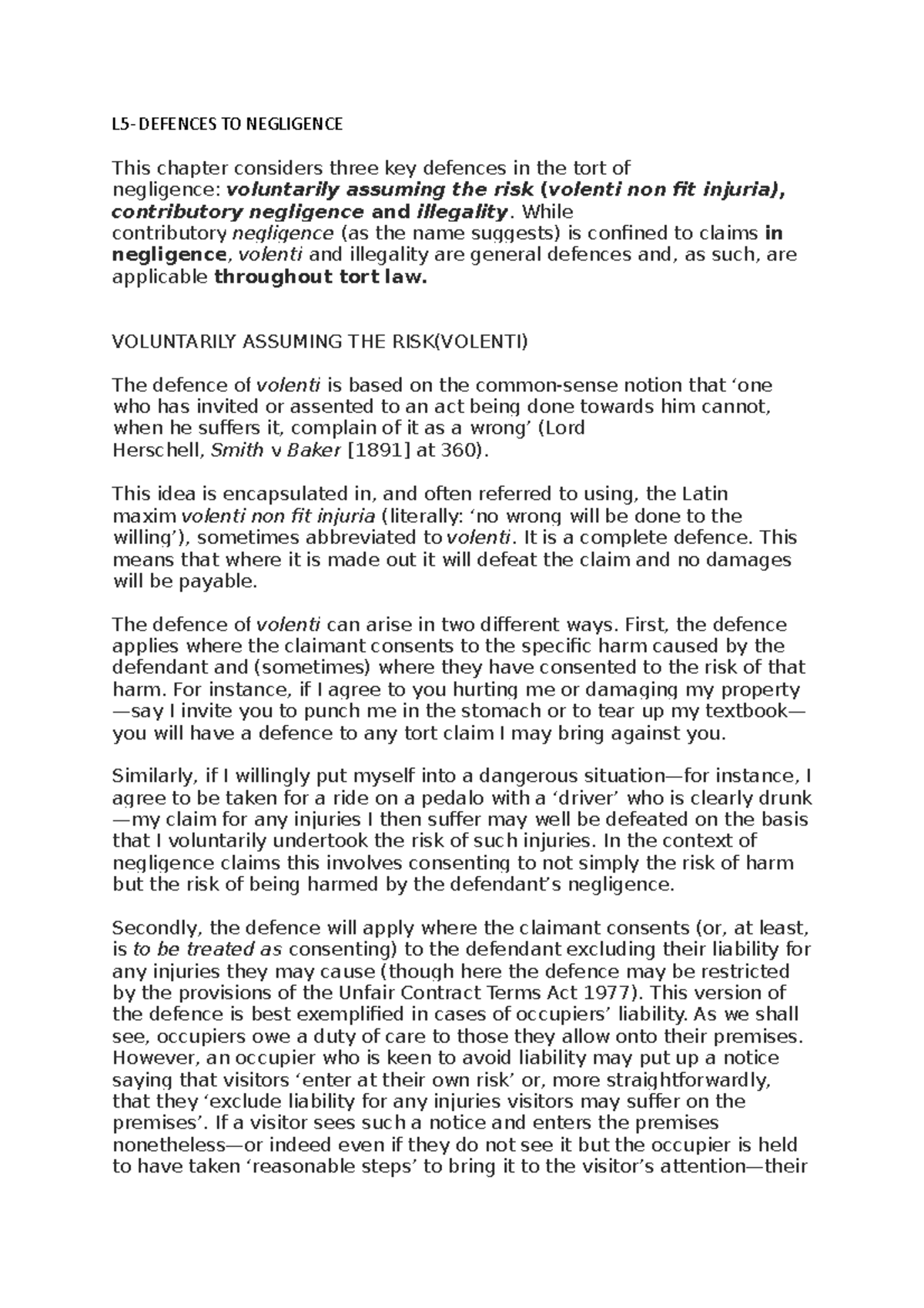 L5- Defences TO Negligence - L5- DEFENCES TO NEGLIGENCE This chapter ...