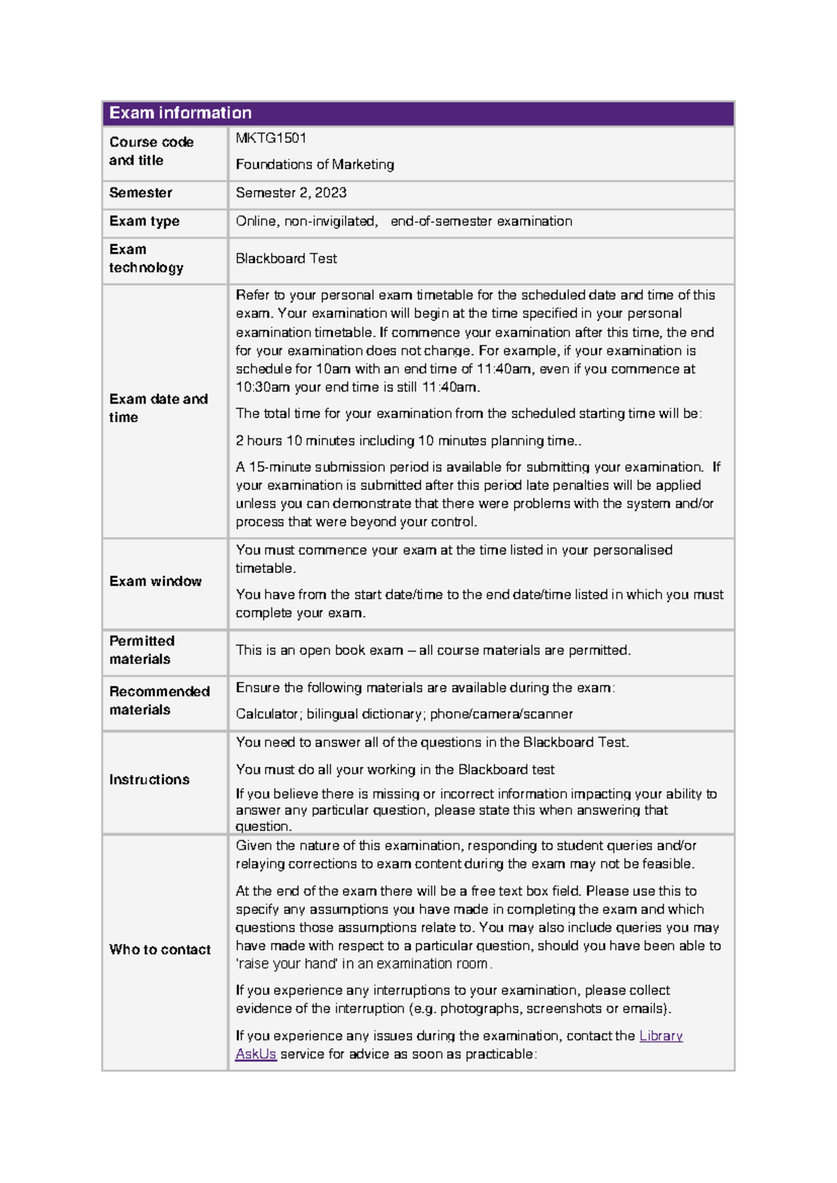 Semester Two Examinations 2023 MKTG1501 - Exam information Course code and title MKTG ...