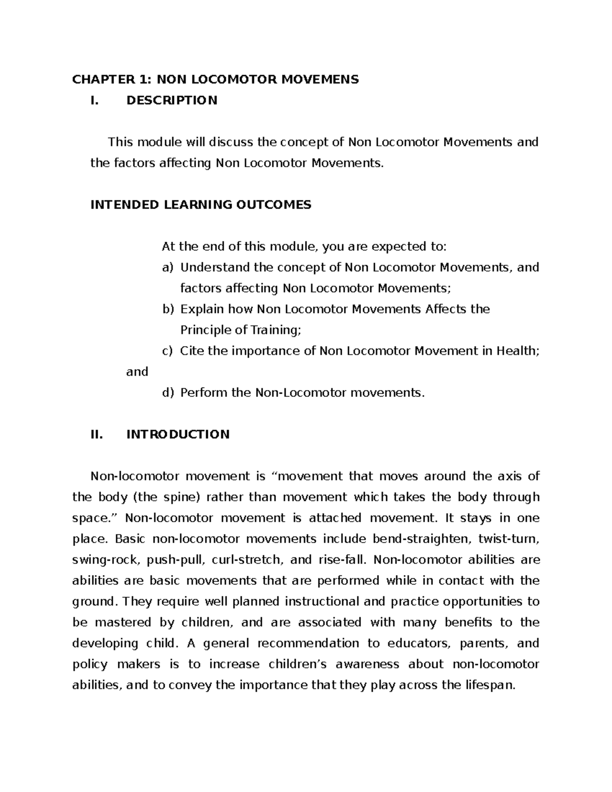 PE notes 1-3 locomotor and non locomotor - CHAPTER 1: NON LOCOMOTOR ...