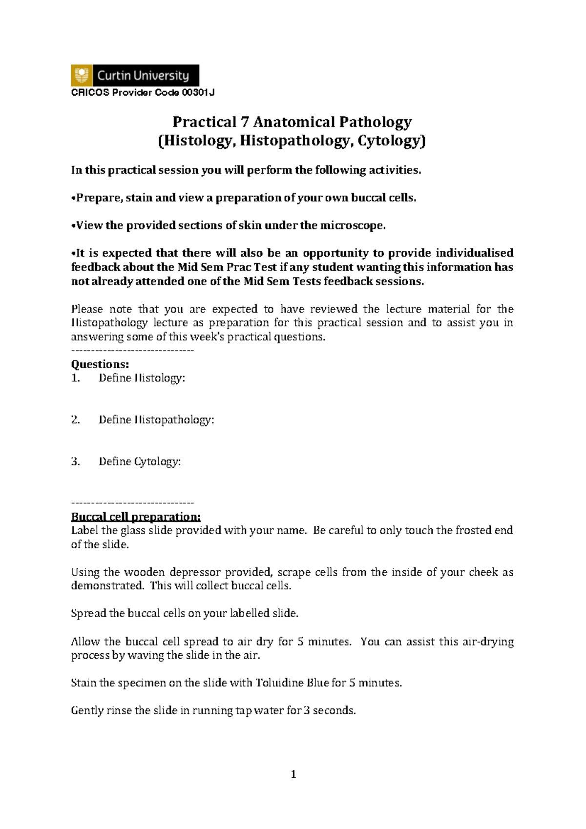 Wk 10 Practical 7 Anatomical Pathology - 1 CRICOS Provider Code 00301J ...