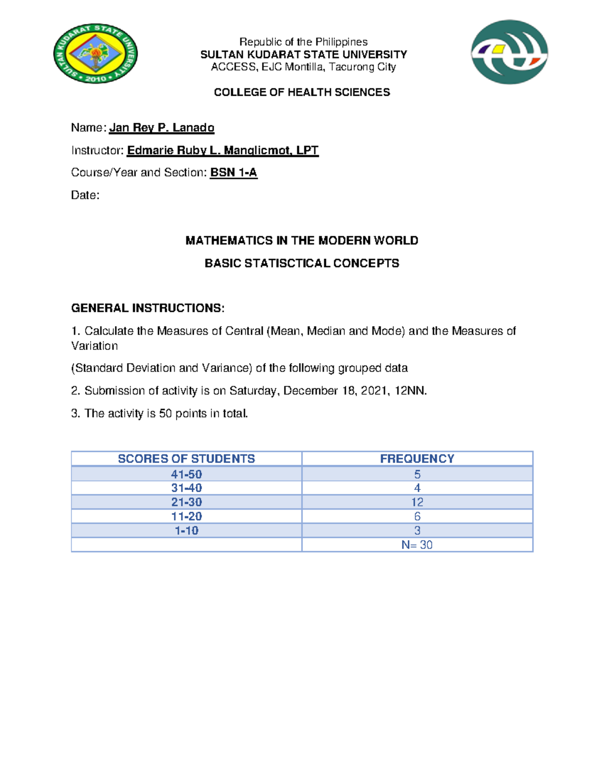 Activity #3 MATH ( Basic Statistical Concept) - SULTAN KUDARAT STATE ...
