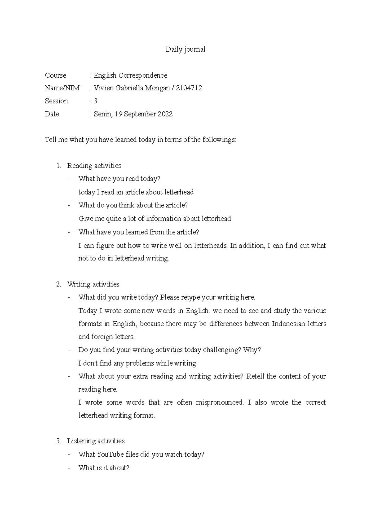 2104712 Vivien Gabriella Mongan Week 3 - Daily journal Course : English ...