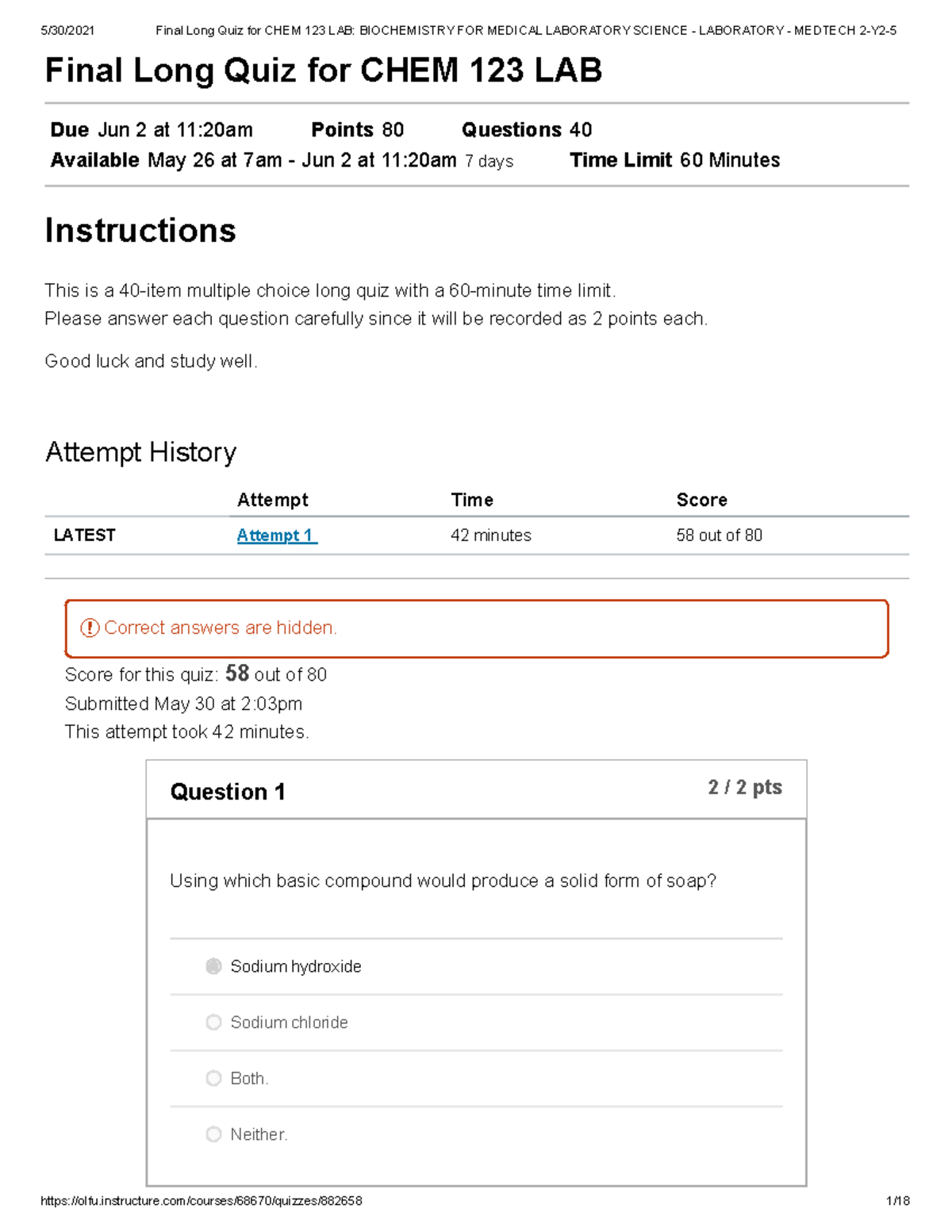 Biochem LONG QUIZ Finals - Final Long Quiz for CHEM 123 LAB Due Jun 2 ...