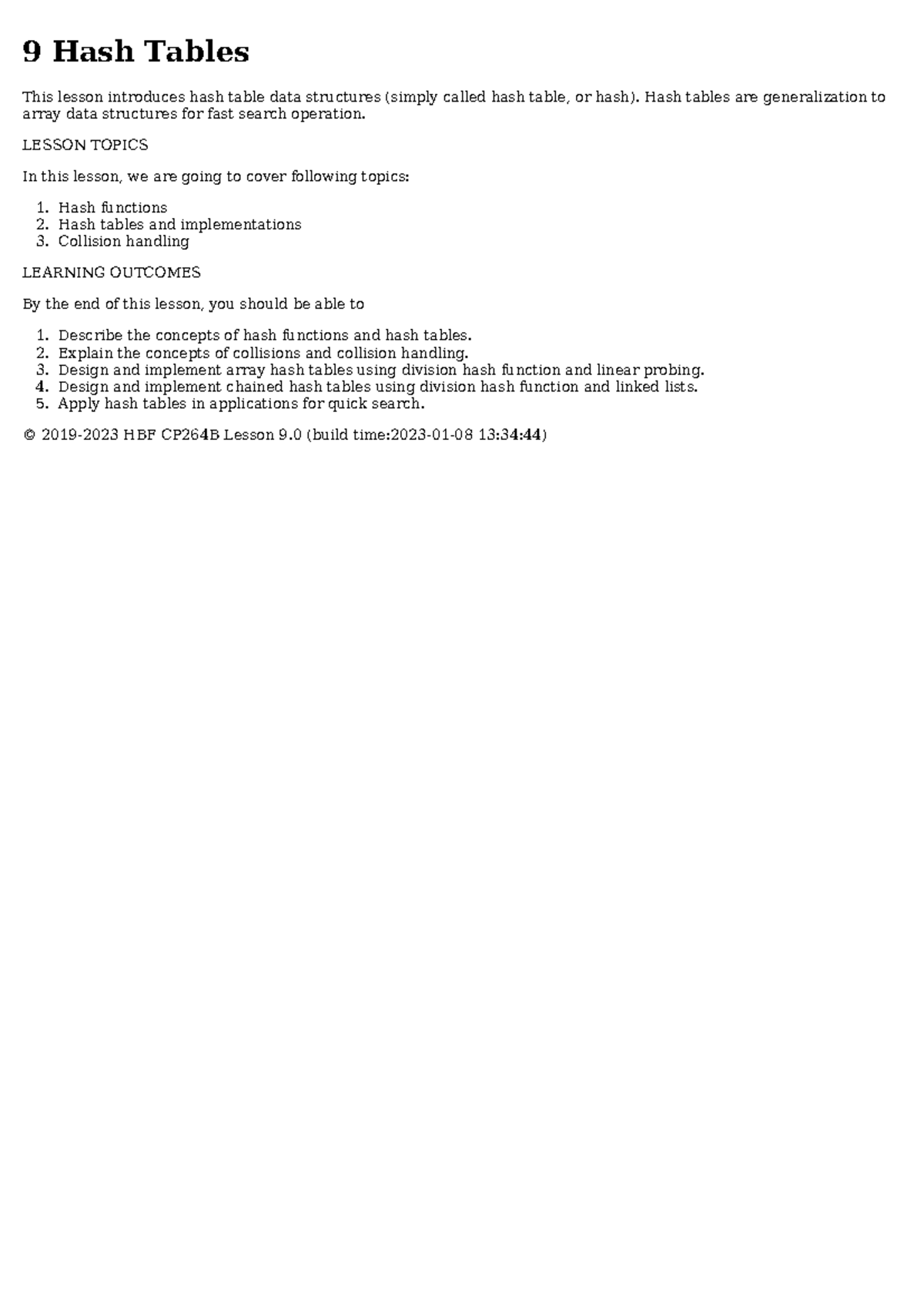 Cp264 Lecture 09 00 9 Hash Tables This Lesson Introduces Hash Table Data Structures Simply