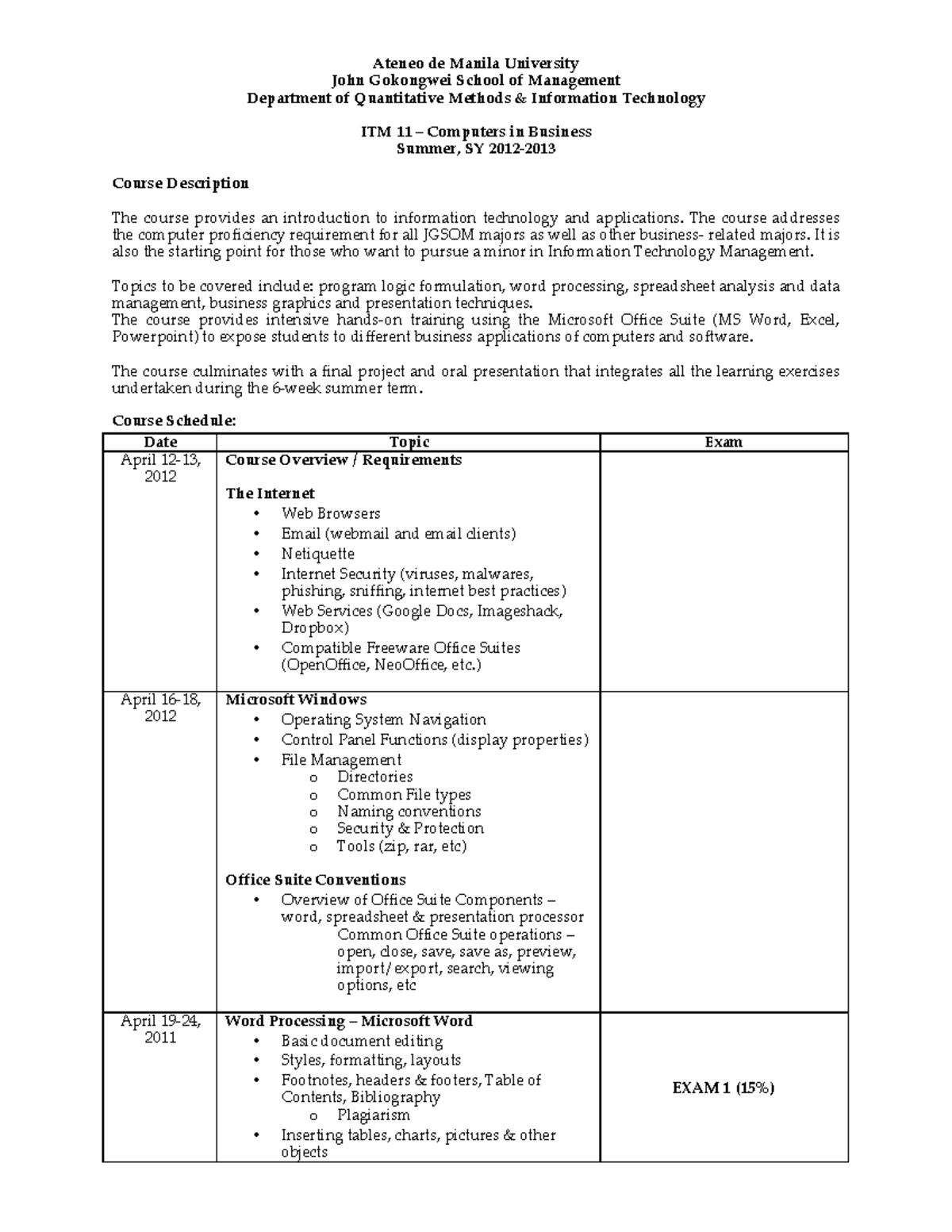 ITM 11 Syllabus for the student to study - Ateneo de Manila University ...