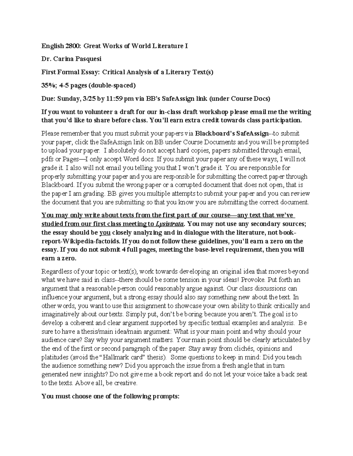 2800 first formal essay assignment - English 2800: Great Works of World ...