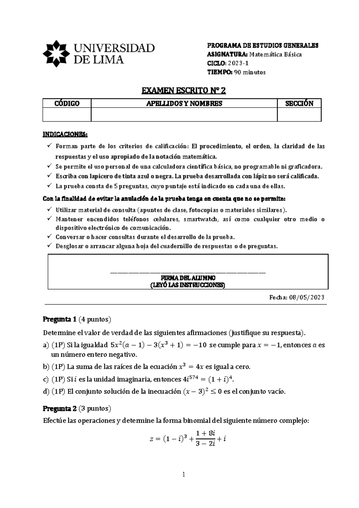 EE2 de Mate Básica 2023-1 - 1 EXAMEN ESCRITO N° 2 CÓDIGO APELLIDOS Y NOMBRES SECCIÓN ...