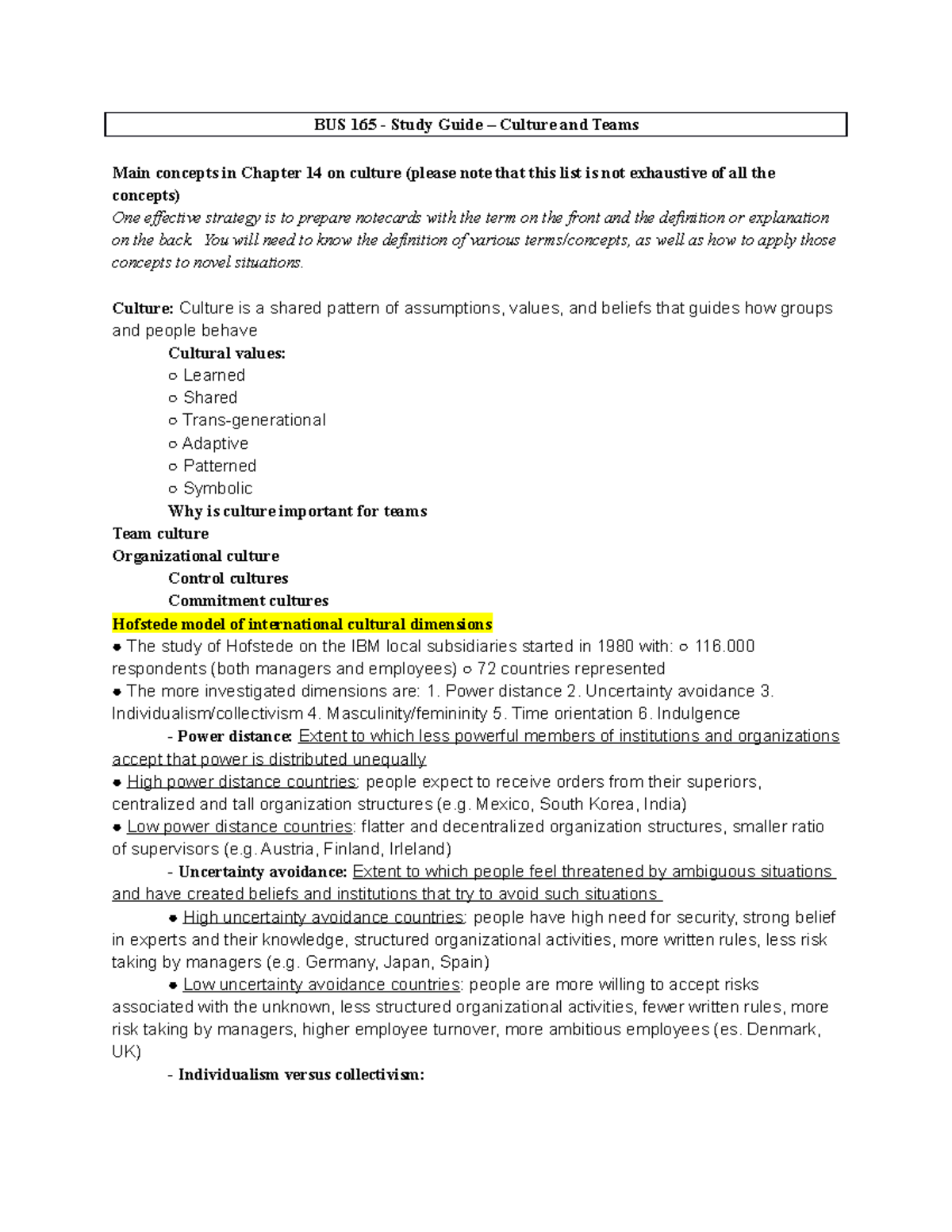 BUS 165 - Study Guide - Chapter 14 - BUS 165 - Study Guide – Culture ...