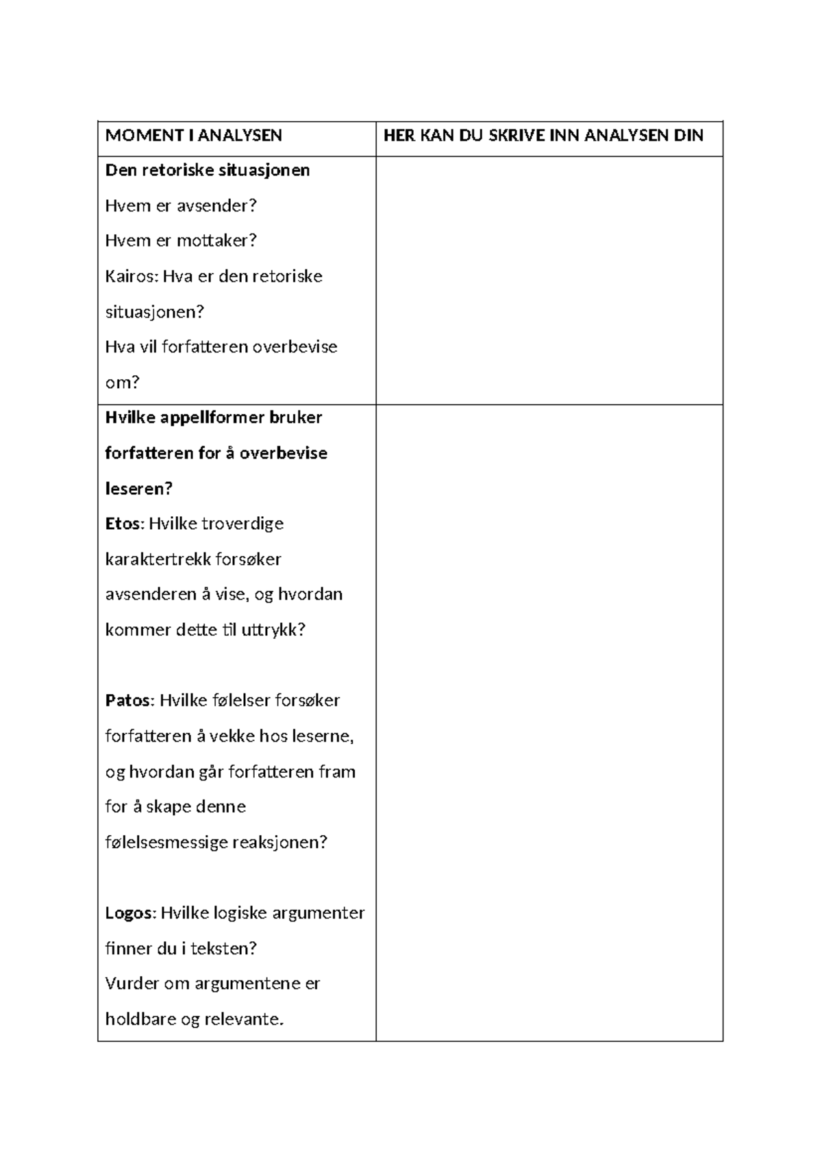 Mal skriveramme, Retorisk analyse - sjekkliste - MOMENT I ANALYSEN HER KAN DU SKRIVE INN ...