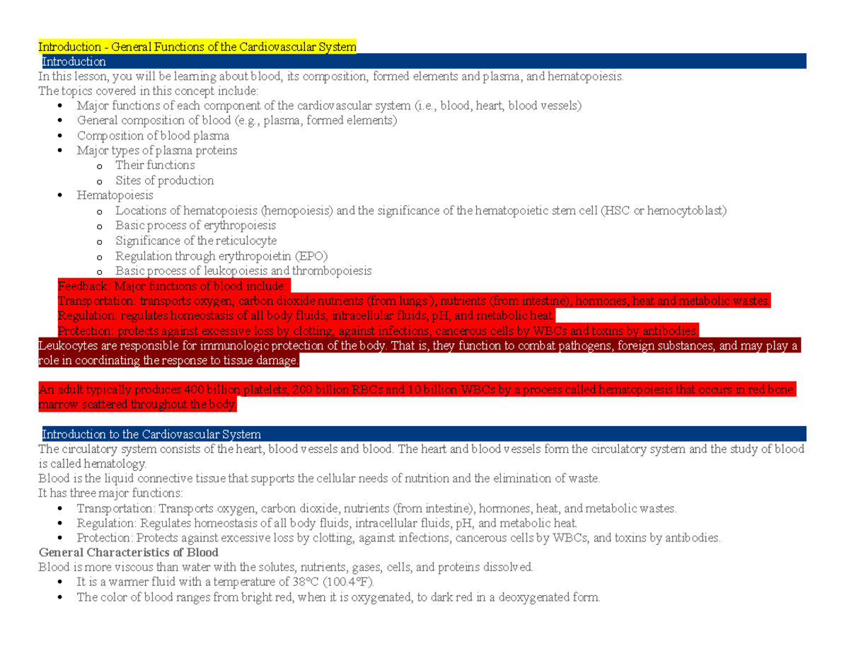 Week 1 Concepts - Edapt - Introduction - General Functions of the Cardiovascular System ...