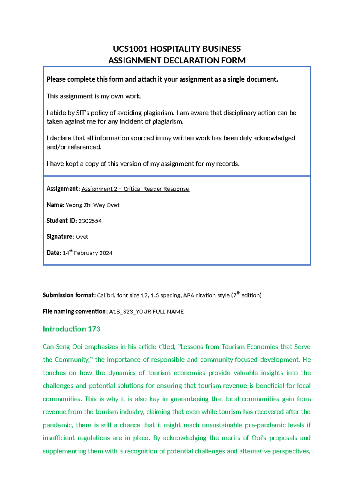 CTC Assignment 1B - .filling this up - UCS1001 HOSPITALITY BUSINESS ...