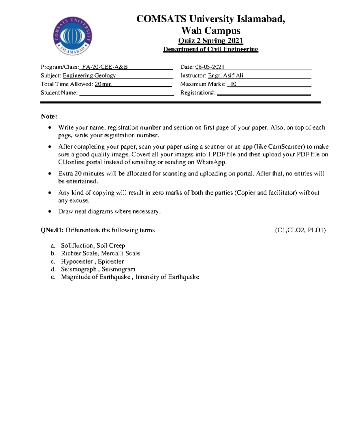 Quiz 2 - Quiz 2 of comsat wah campis - COMSATS University Islamabad ...