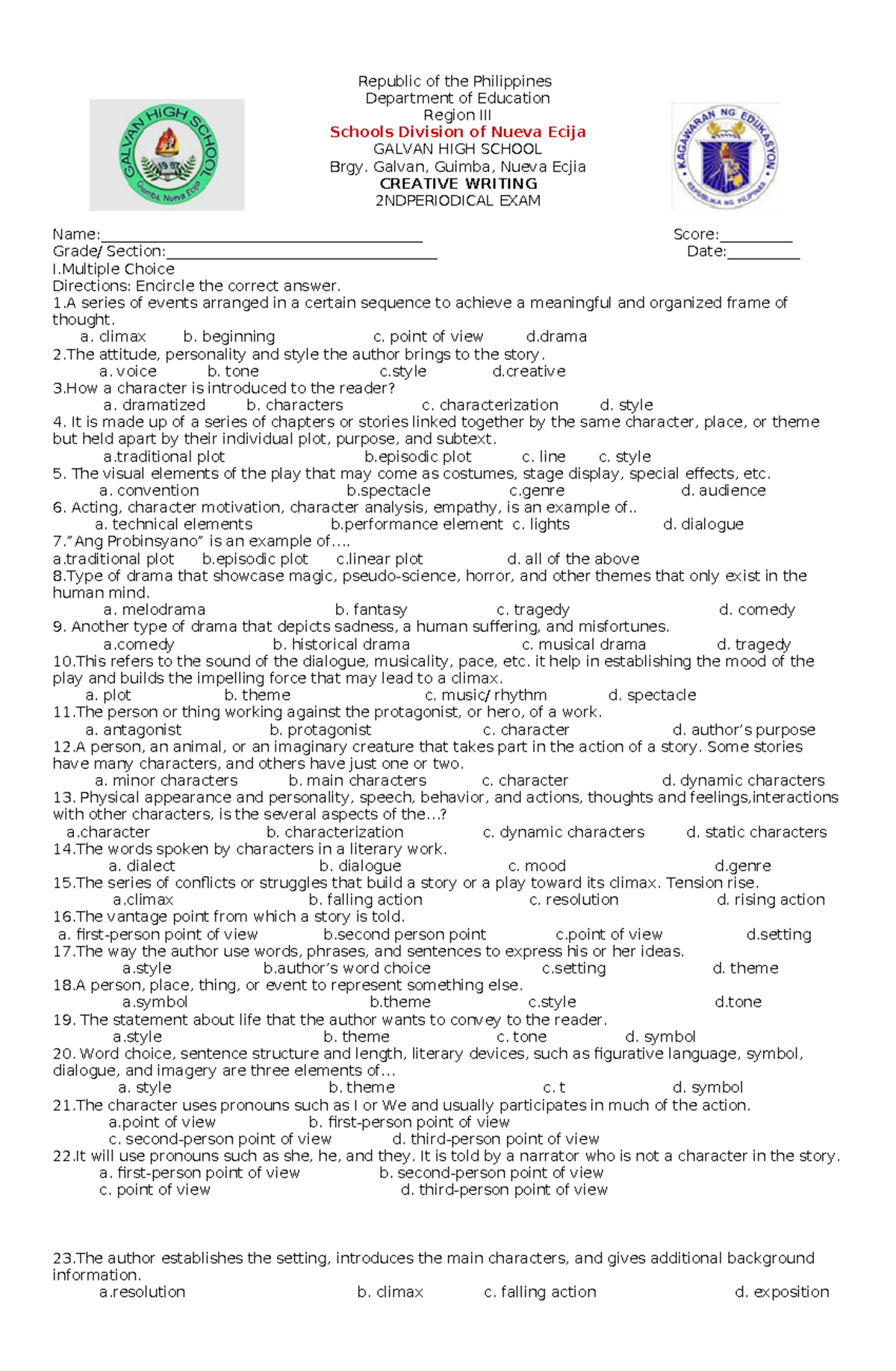 1ST SEM 2ND Quarter EXAM 2019 - Republic of the Philippines Department ...