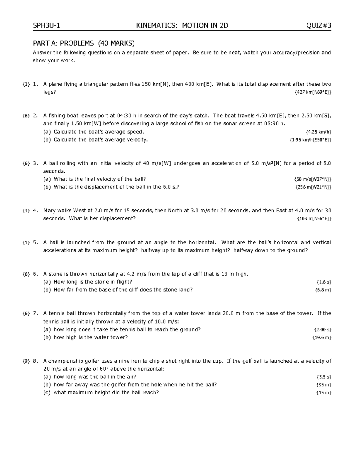 13 - QUIZ3 (Motion in 2D) - SPH3U-1 KINEMATICS: MOTION IN 2D QUIZ# PART ...