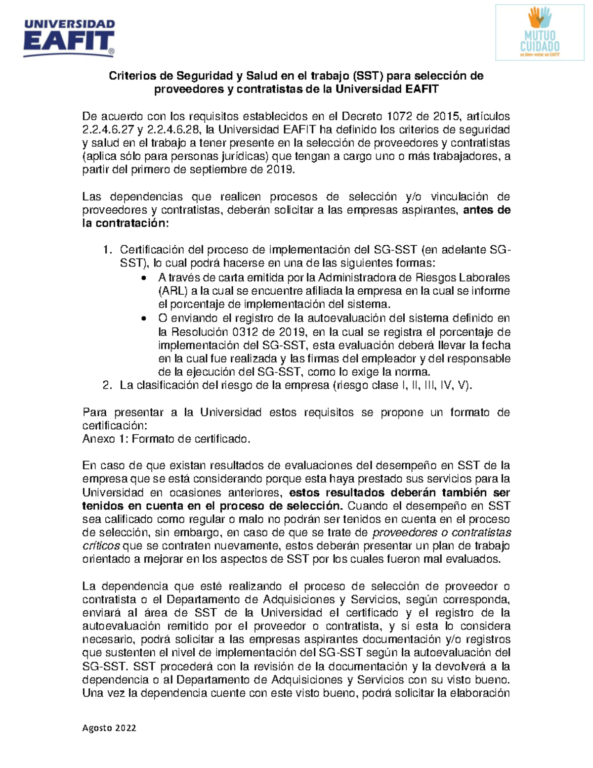 Criterios de SST para proveedores y contratistas 2022 - Criterios de Seguridad y Salud en el ...