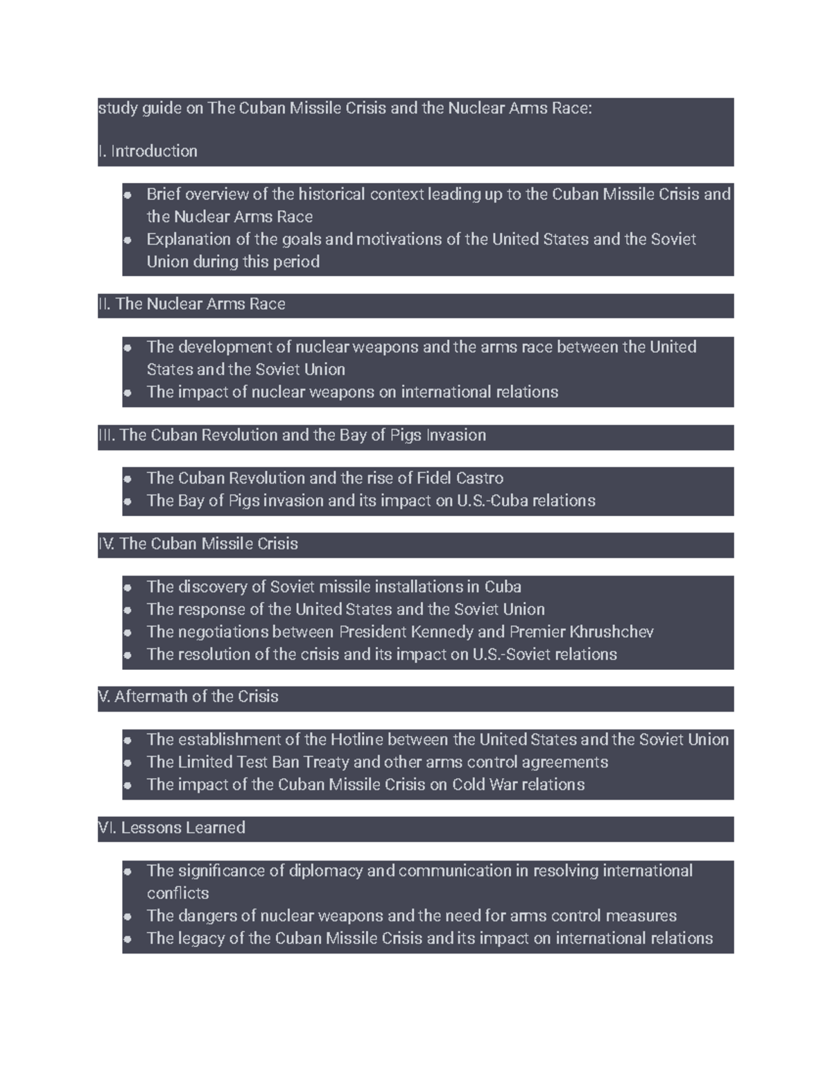 Study guide on The Cuban Missile Crisis and the Nuclear Arms Race ...