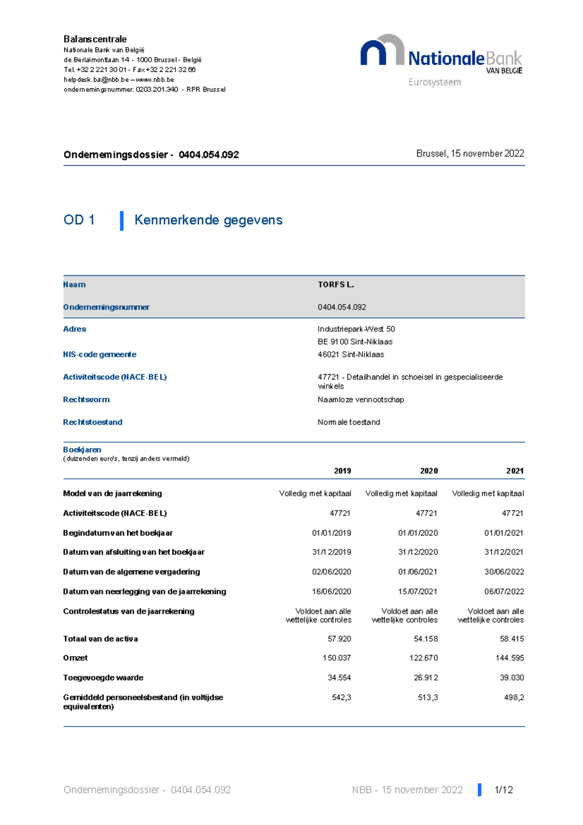 Ondernemingsdossier Torfs 2022 - Balanscentrale Nationale Bank van ...