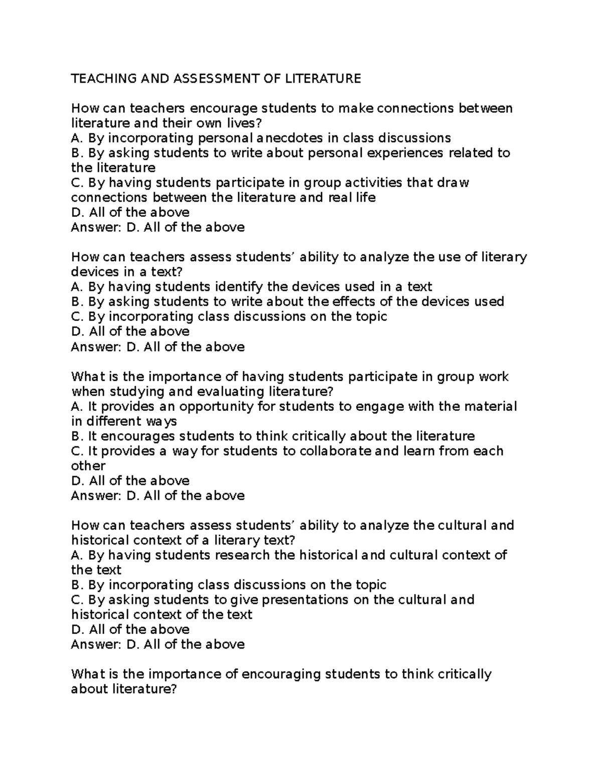 Teaching AND Assessment OF Literature 3 - TEACHING AND ASSESSMENT OF ...