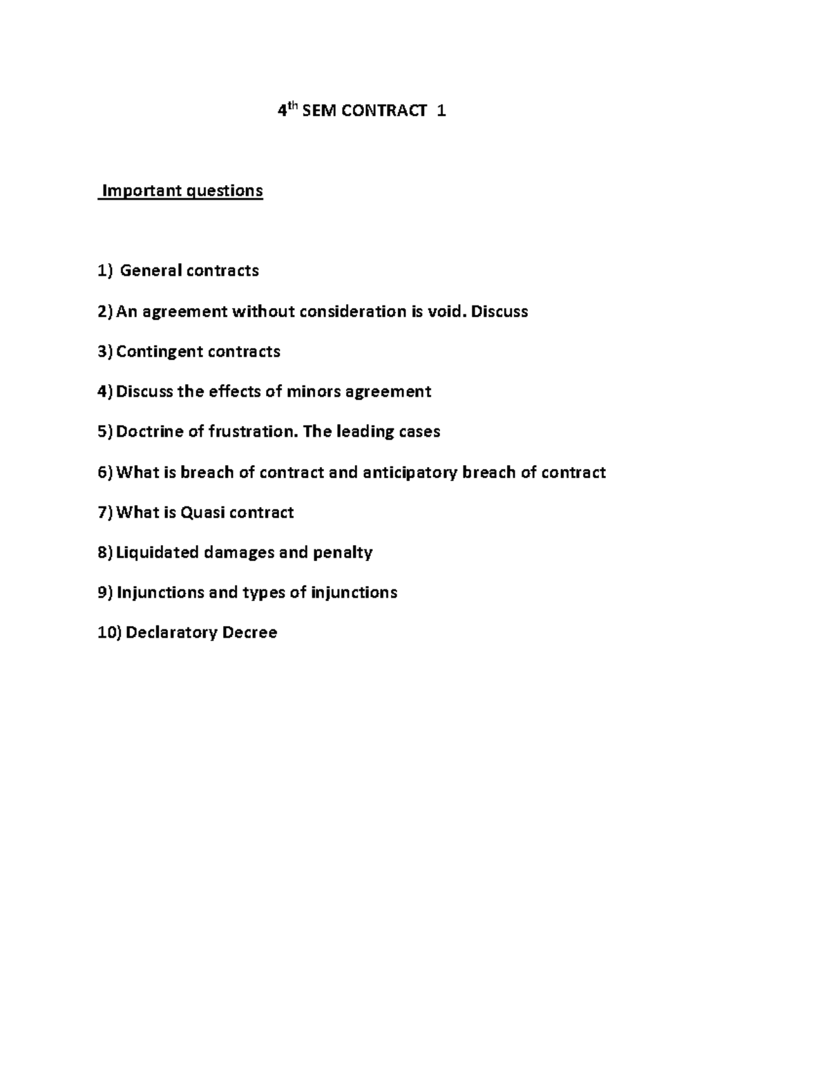 4th SEM Contract 1 - 4 th SEM CONTRACT 1 Important questions 1) General contracts 2) An ...