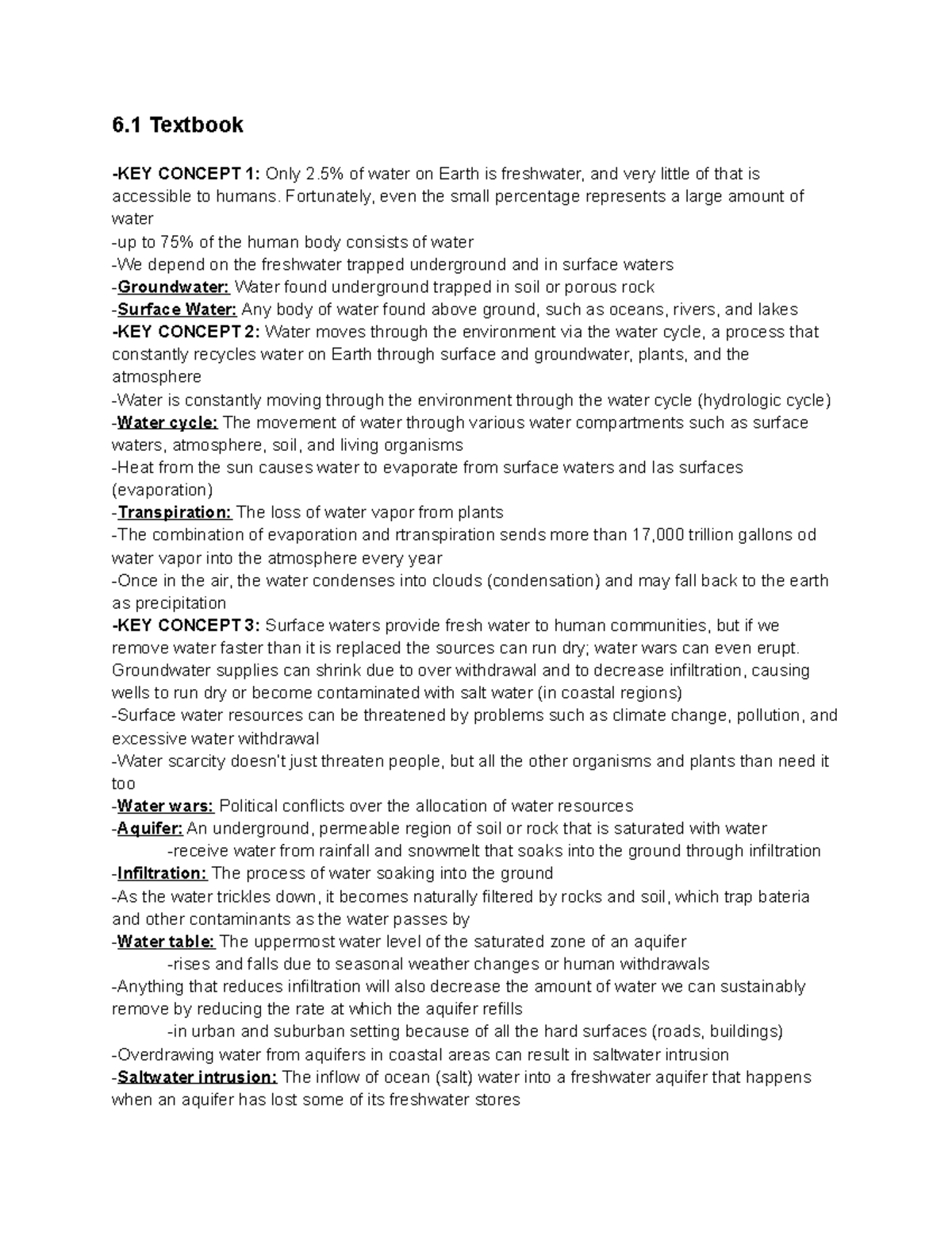 Week 10 notes (6.1, 6 - 6 Textbook -KEY CONCEPT 1: Only 2% of water on ...