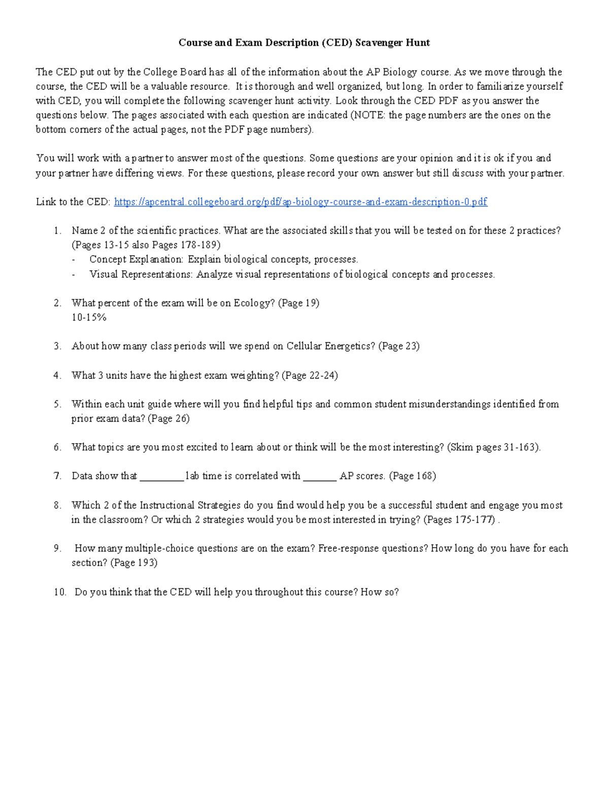 CED Scavenger Hunt Bio - Course and Exam Description (CED) Scavenger ...