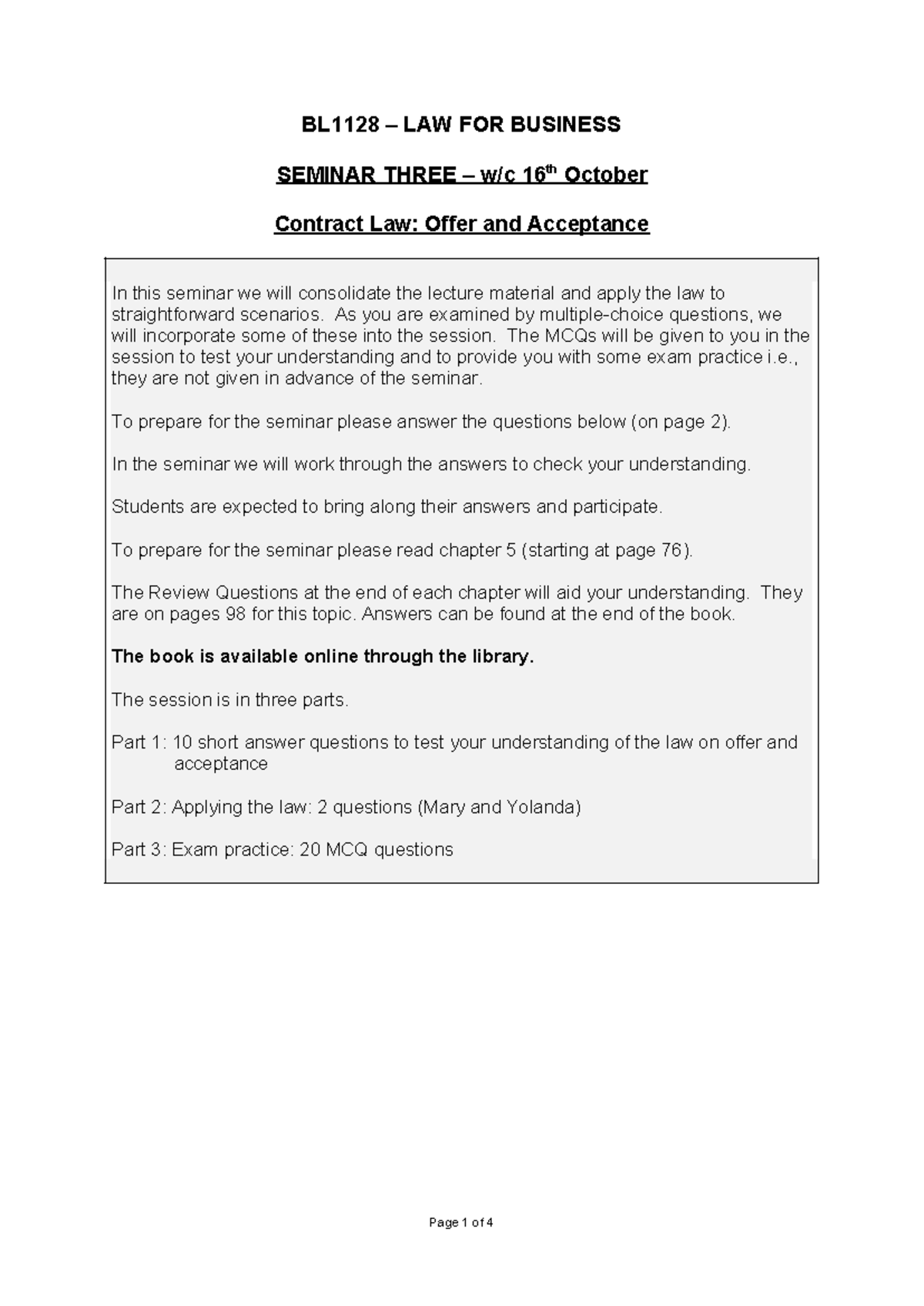 2. Week 3 Tutorial - Contract - Offer and Acceptance - BL1128 – LAW FOR BUSINESS SEMINAR THREE ...