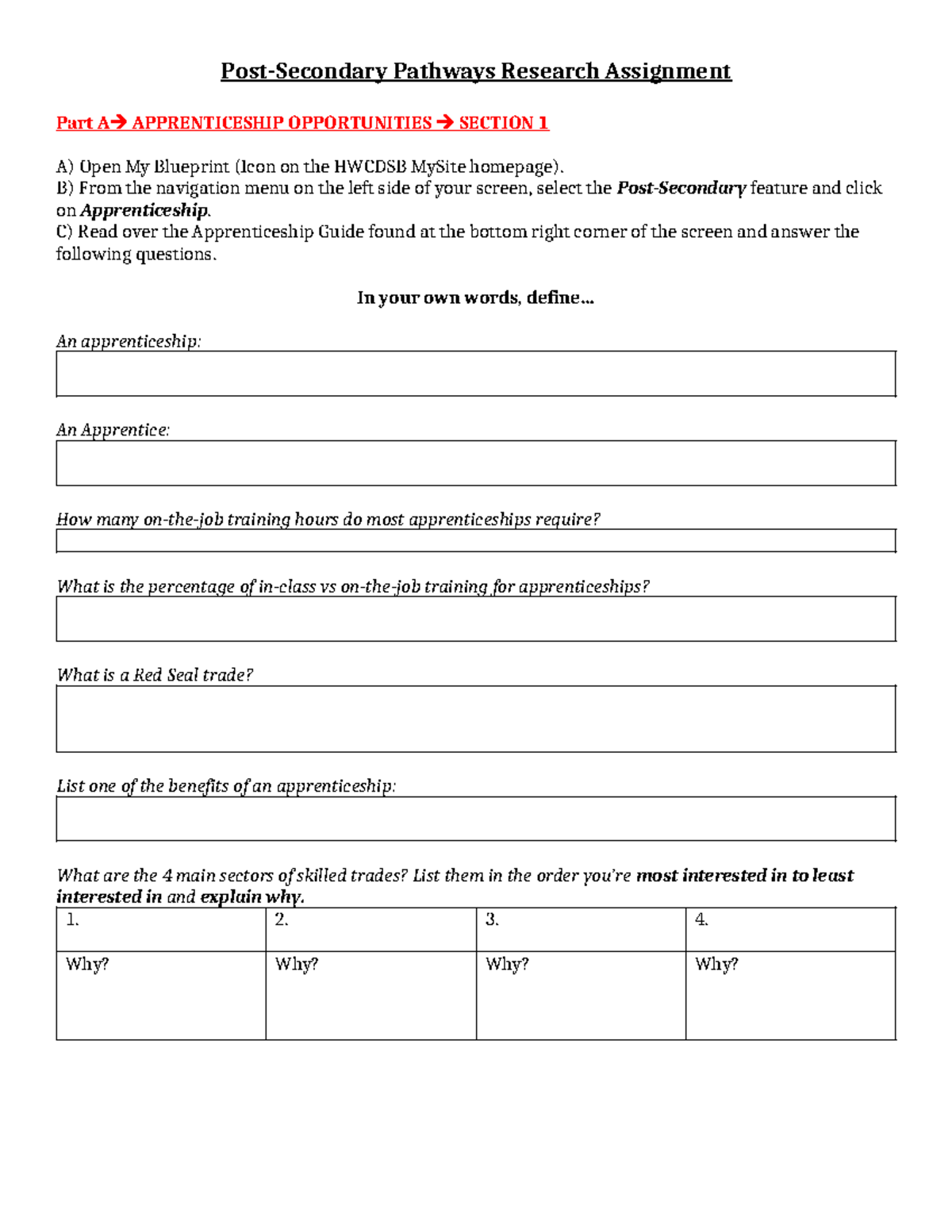 Post Secondary Pathways Research Assginment - Post-Secondary Pathways ...