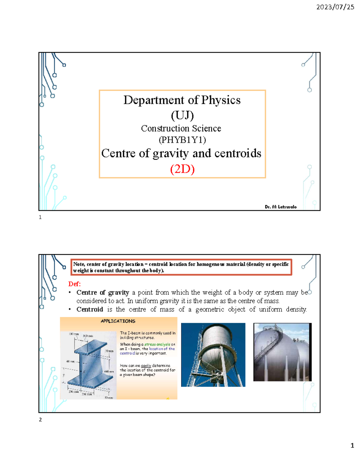 Centre of gravity Lecture - Department of Physics (UJ) Construction ...