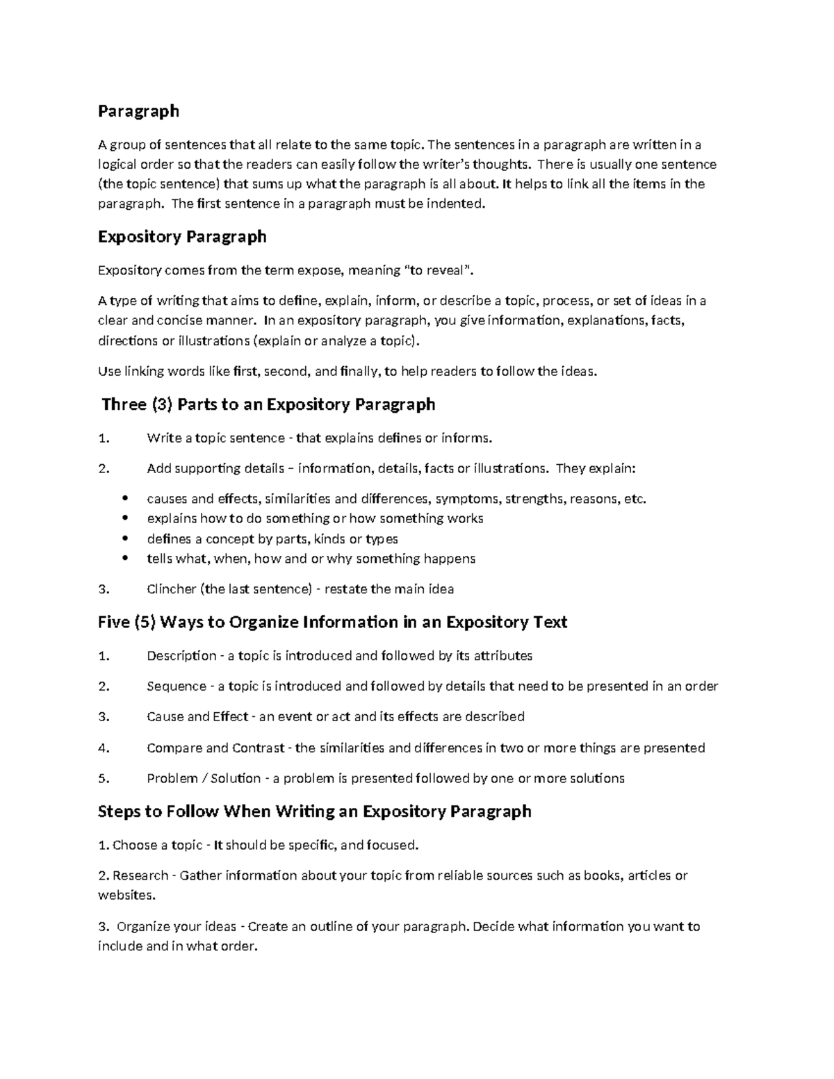Expository Paragraph Notes - Paragraph A group of sentences that all ...