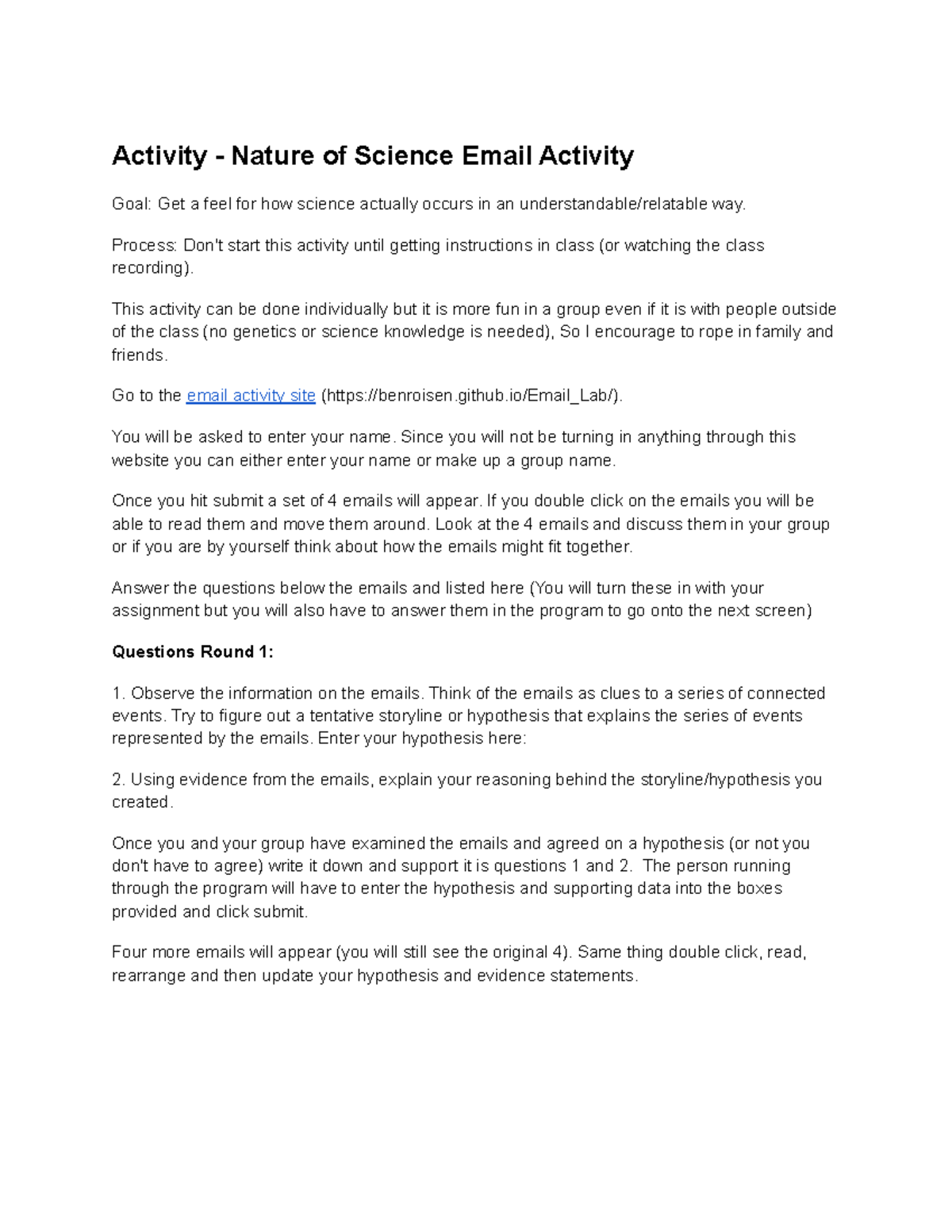 Activity - Nature of Science Emails - Process: Don't start this ...