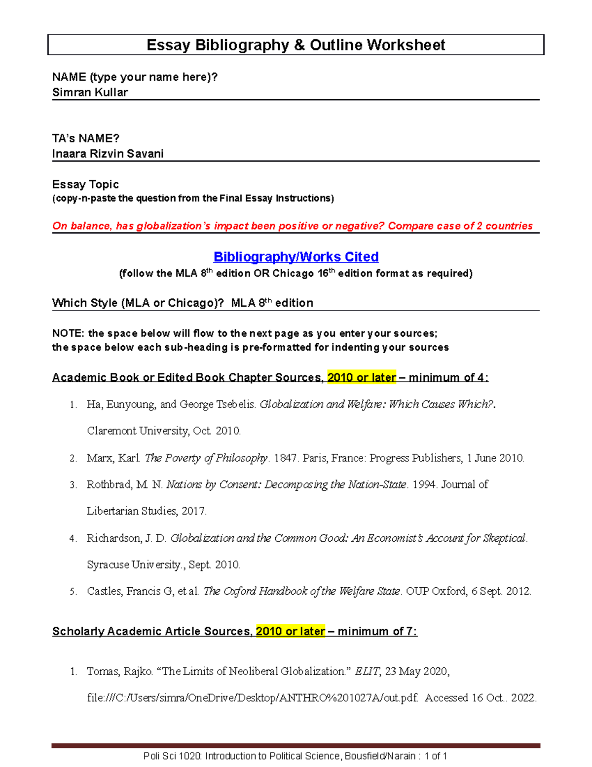 1020 22 23 Essay Bibliography Outline Worksheet WORD - NAME (type your ...