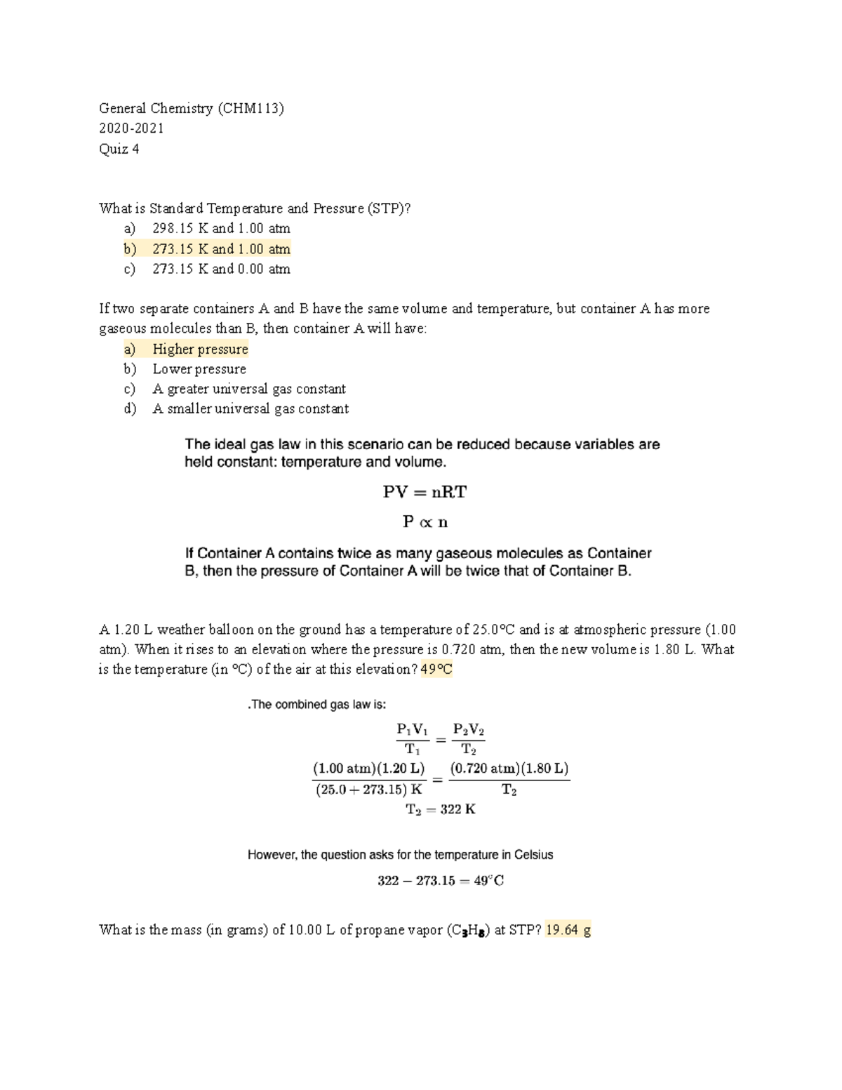 CHEM - Quiz 4 - Part 1 - Quiz / study guide - General Chemistry (CHM113 ...