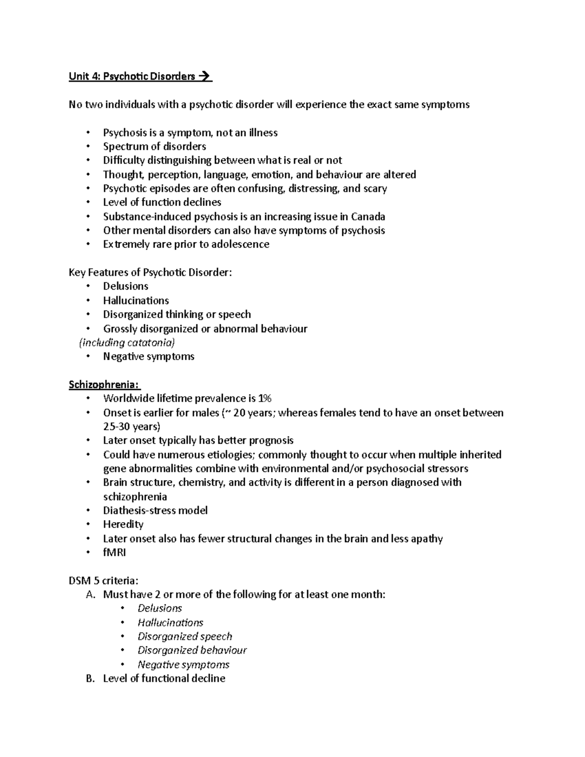 Unit 4 notes - unit 4: schizophrenia - Unit 4: Psychotic Disorders No ...