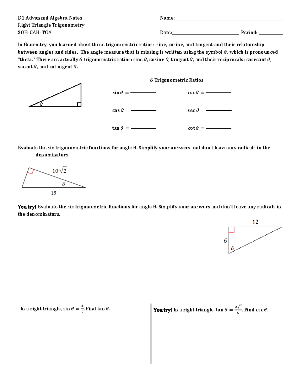 D1 Right Triangle Notes (2021) - D1 Advanced Algebra Notes - Studocu