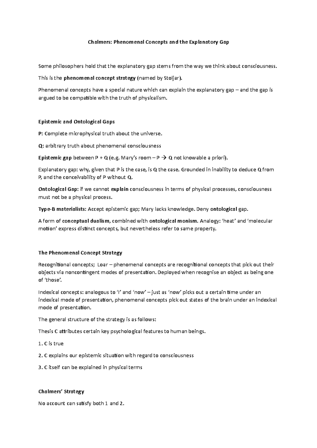 'Phenomenal Concepts and the Explanatory Gap' Summary - This is the ...