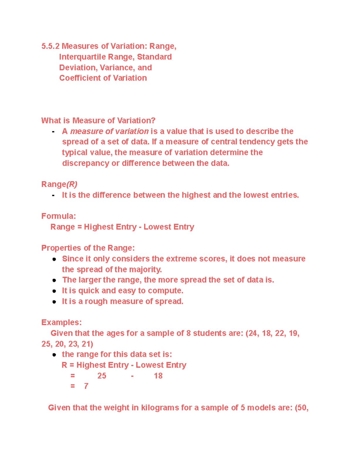Measures of Variation - 5.5 Measures of Variation: Range, Interquartile ...
