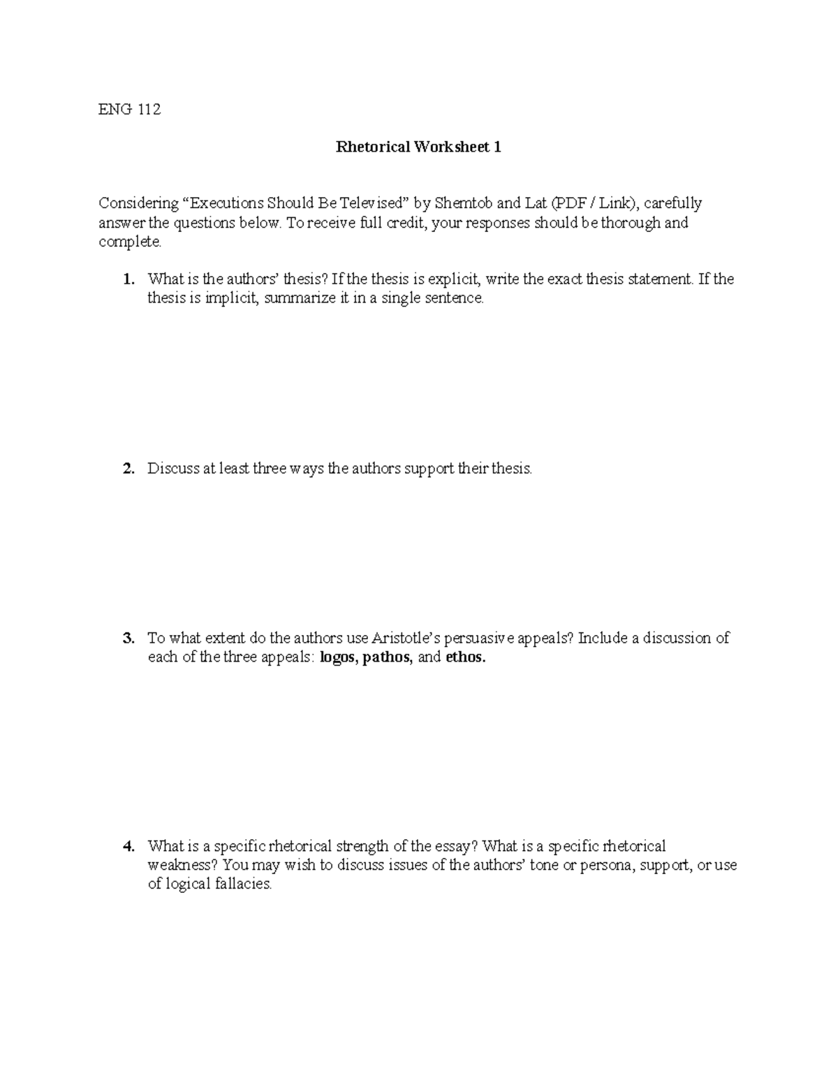 Rhetorical Worksheet 1 - ENG 112 Rhetorical Worksheet 1 Considering ...