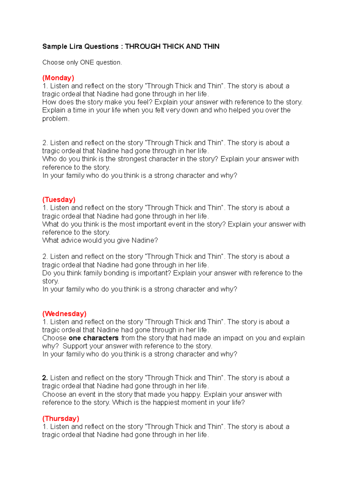 Sample Lira Questions - (Monday) Listen and reflect on the story ...