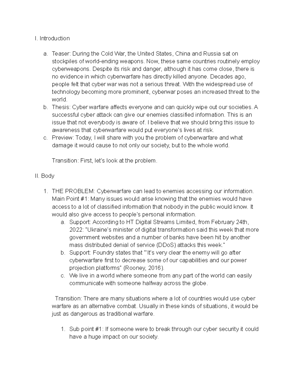 Persuasive Assignment - I. Introduction a. Teaser: During the Cold War ...