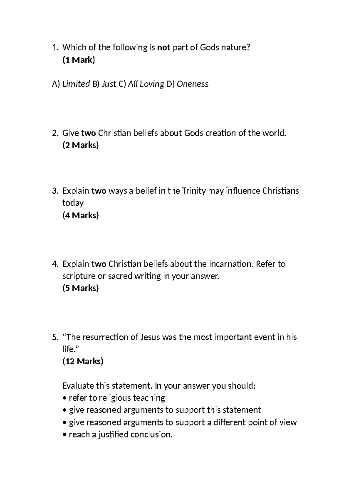 Christianity Assessment - Which of the following is not part of Gods ...