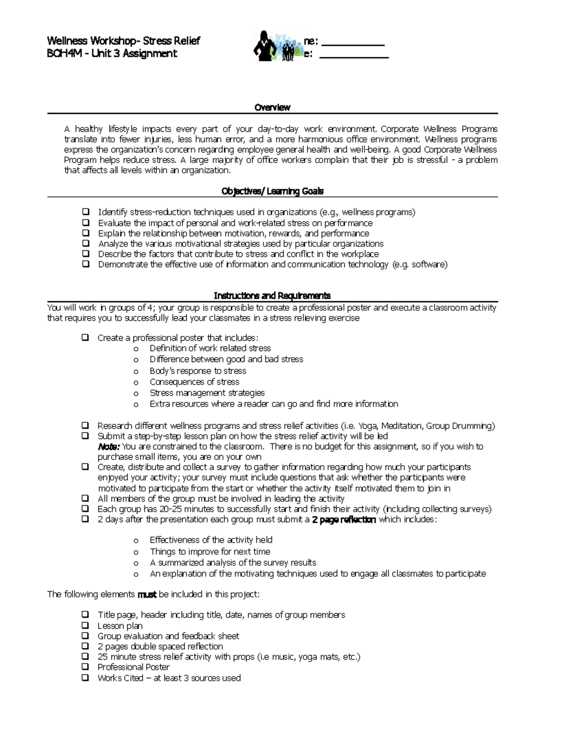 Wellness workshop- stress relief - BOH4M - Unit 3 Assignment Date ...
